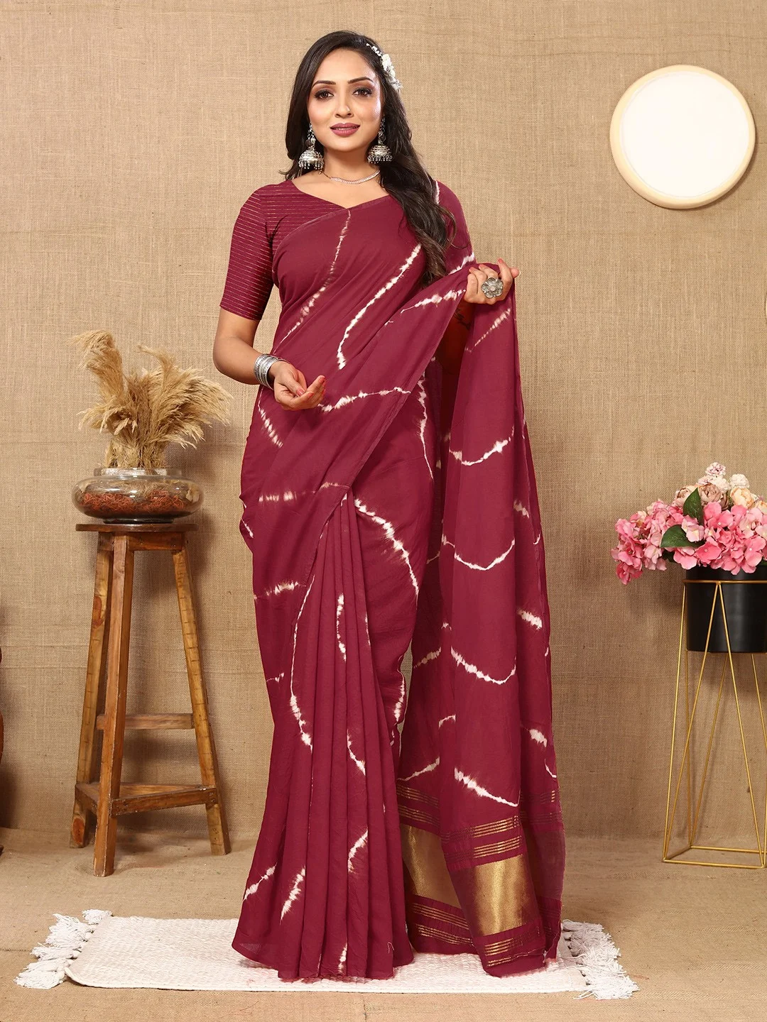 Maroon Tie-Dye Pure Cotton Handloom Banarasi Saree - JKR TEX