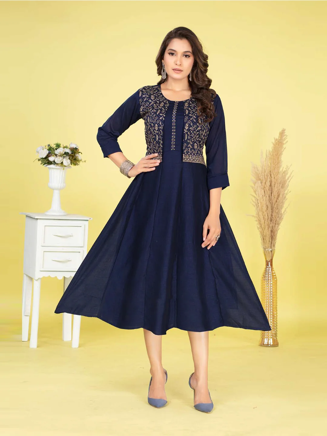 Aakifa Navy Blue Embroidered Kurti with Jacket - JKR TEX