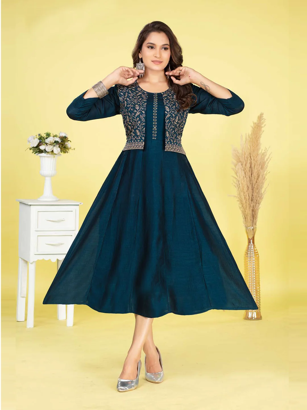Aakifa Turquoise Embroidered Kurti with Jacket - JKR TEX